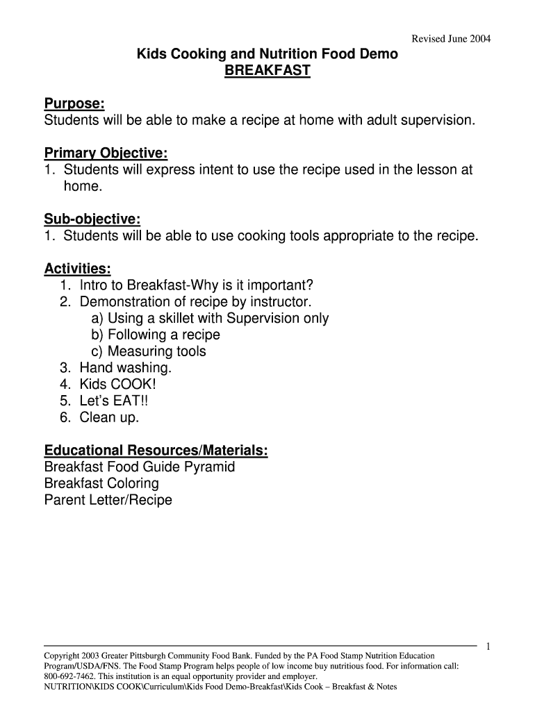 Fillable Online Kids Cooking and Nutrition Food Demo Fax Email Print ...