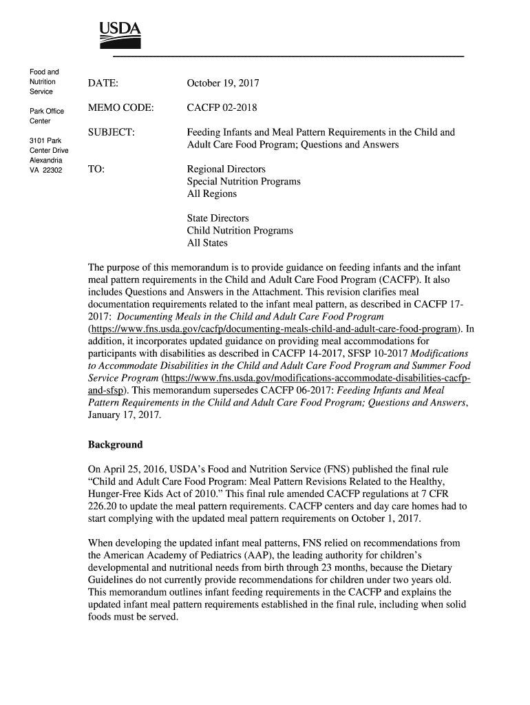 Fillable Online Feeding Infants and Meal Pattern Requirements in the ...