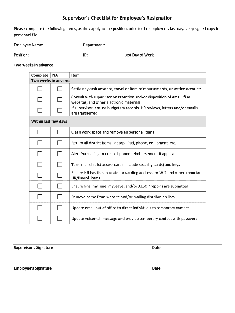 Fillable Online Supervisors Checklist for Employees Resignation Fax ...