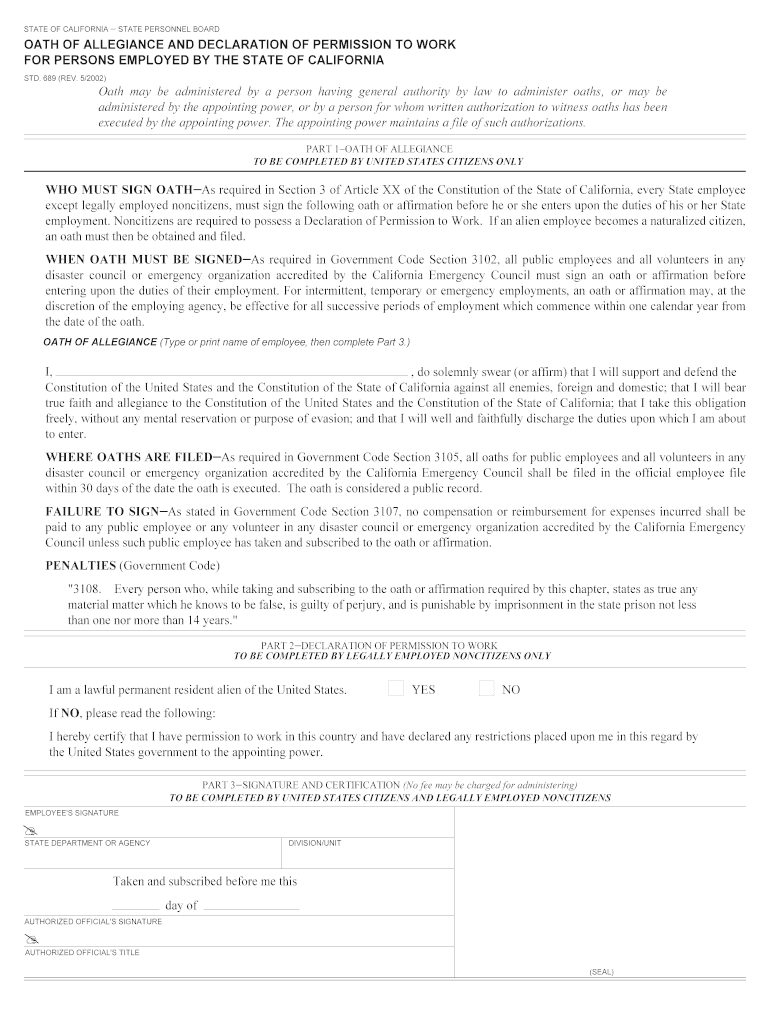 Fillable Online OATH OF ALLEGIANCE AND DECLARATION OF PERMISSION TO ...