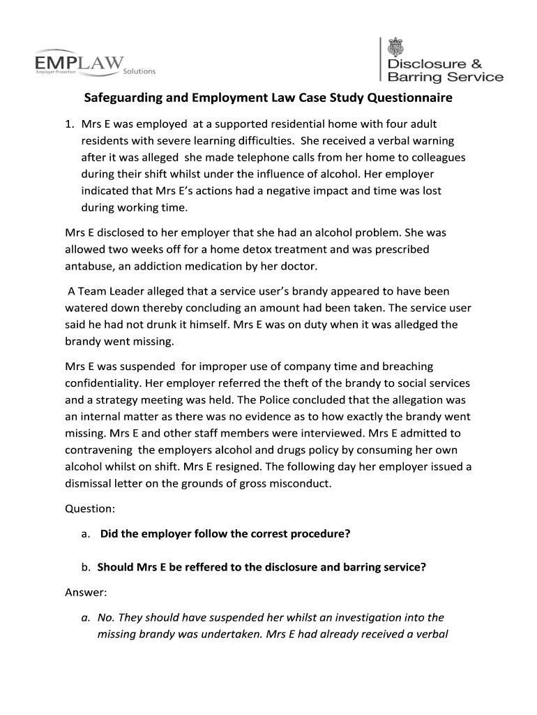 Fillable Online Safeguarding and Employment Law Case Study ...