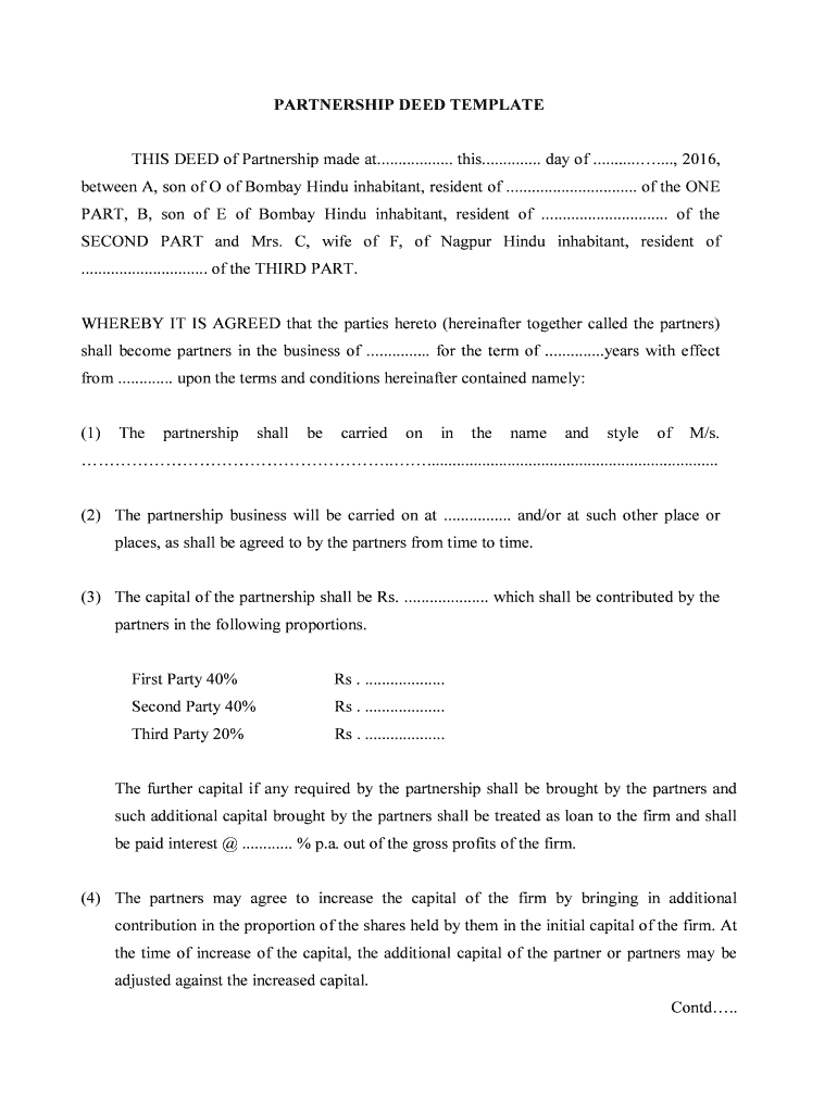 Fillable Online PARTNERSHIP DEED TEMPLATE Fax Email Print - pdfFiller