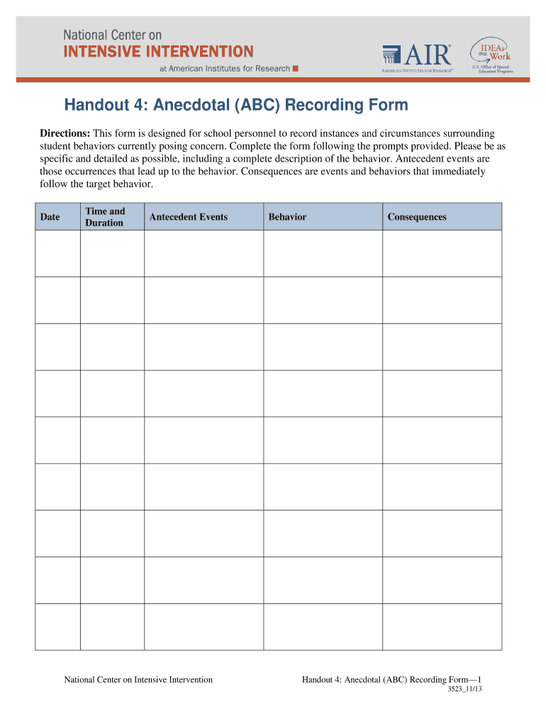 Fillable Online Handout 4: Anecdotal (ABC) Recording Form Fax Email ...