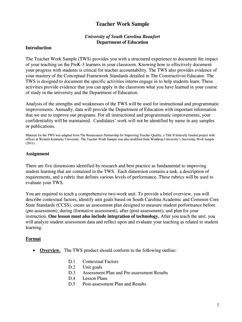 Fillable Online The Teacher Work Sample (TWS) provides you with a ...