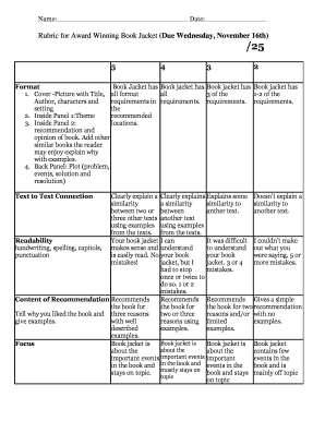 Fillable Online Rubric for Award Winning Book Jacket (Due Wednesday ...