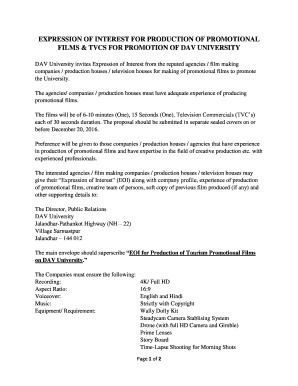 Fillable Online EXPRESSION OF INTEREST FOR PRODUCTION OF PROMOTIONAL Fax Email Print - pdfFiller