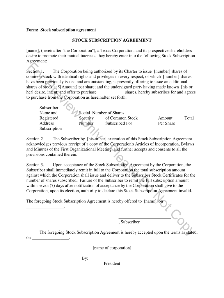 Fillable Online Form: Stock subscription agreement Fax Email Print ...
