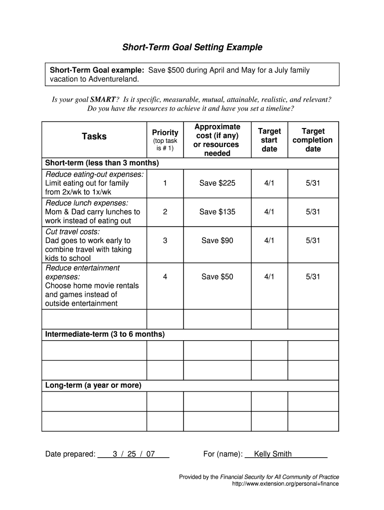 Fillable Online Short-Term Goal Setting Example Fax Email Print - pdfFiller
