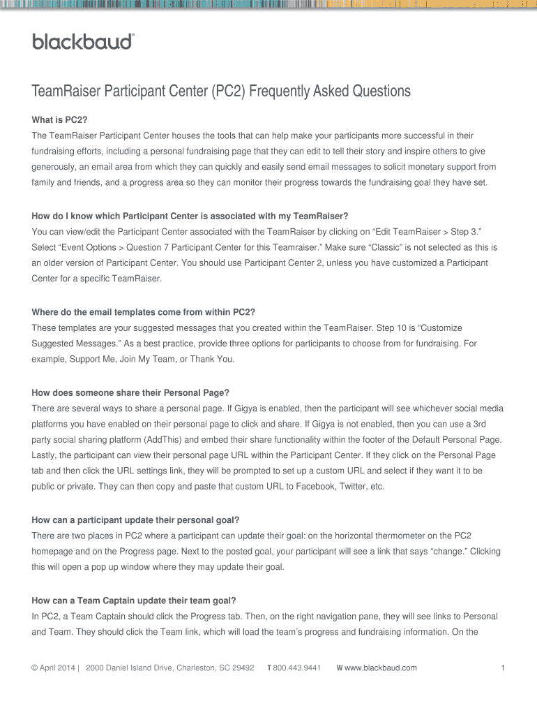 Fillable Online TeamRaiser Participant Center (PC2) Frequently Asked ...