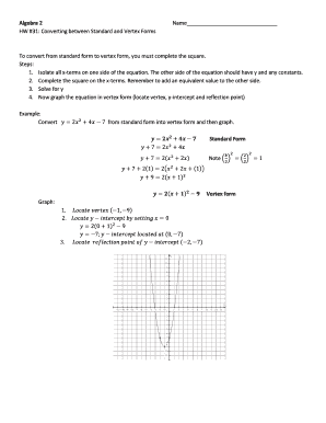 Fillable Online HW #31: Converting between Standard and Vertex Forms ...
