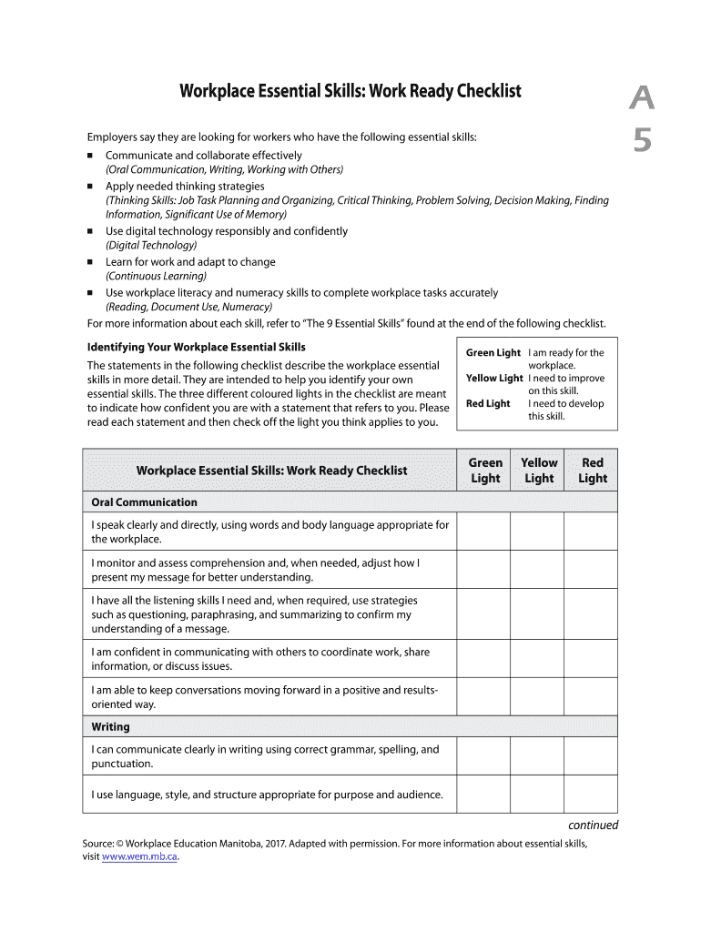 Fillable Online Workplace Essential Skills: Work Ready Checklist Fax ...