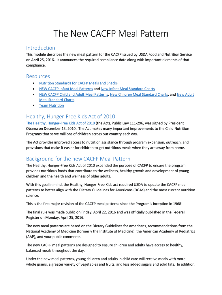 Fillable Online This module describes the new meal pattern for the ...