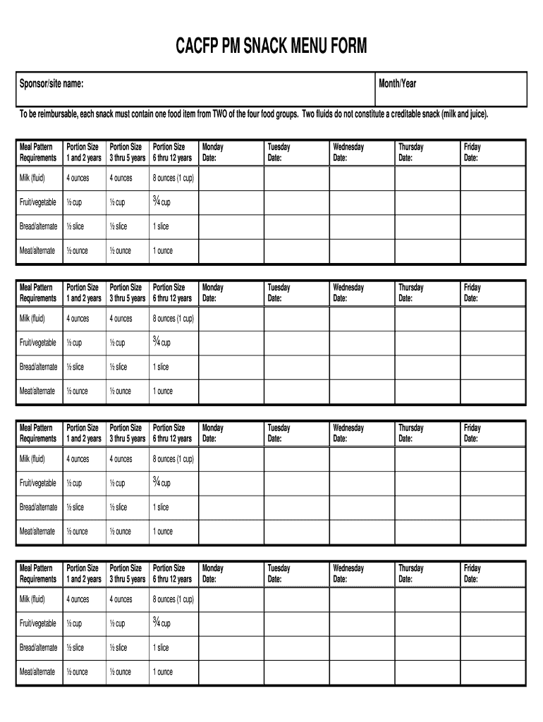 Fillable Online CACFP PM SNACK MENU FORM Fax Email Print - pdfFiller