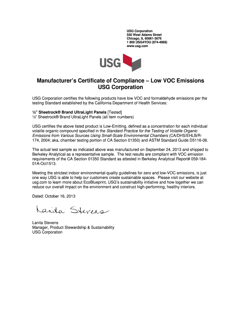 Fillable Online Manufacturers Certificate of Compliance Low VOC ...