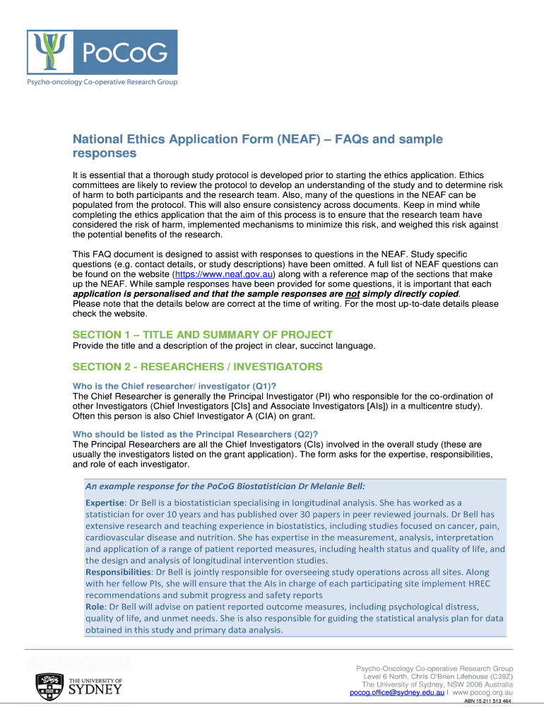 Fillable Online National Ethics Application Form (NEAF) FAQs and sample ...