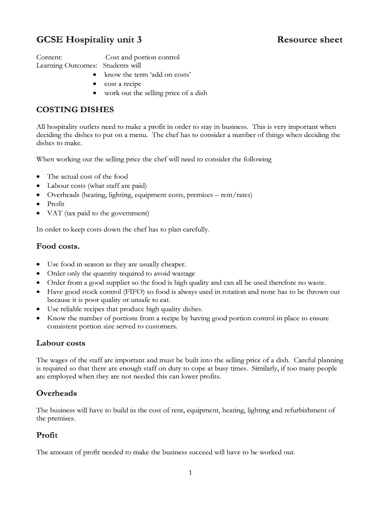 Fillable Online GCSE Hospitality unit 3 Fax Email Print - pdfFiller