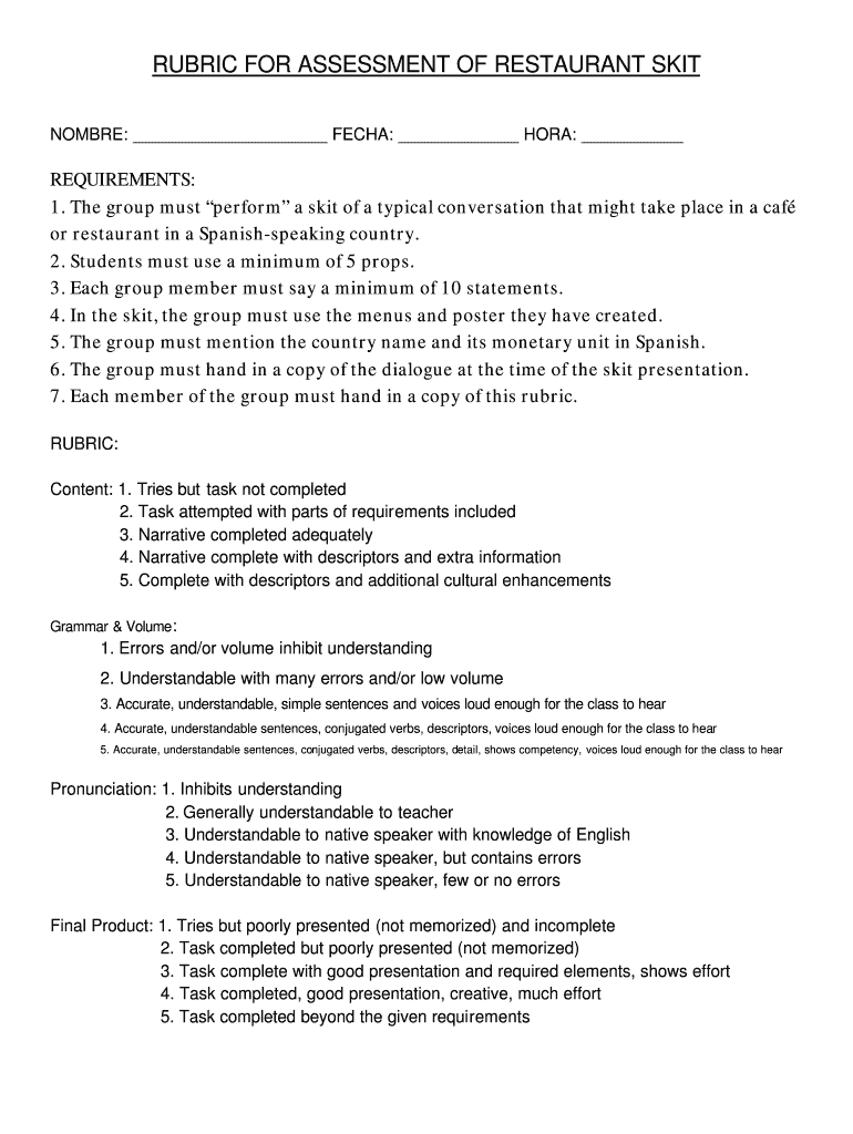 Fillable Online RUBRIC FOR ASSESSMENT OF RESTAURANT SKIT Fax Email ...