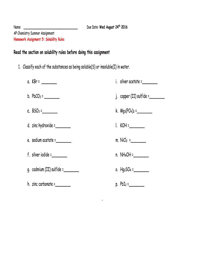 Fillable Online Homework Assignment 5: Solubility Rules Fax Email Print ...