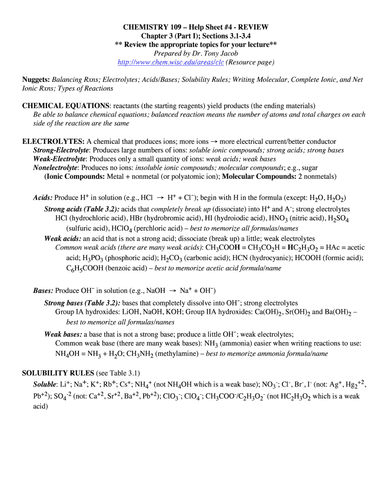 Fillable Online CHEMISTRY 109 Help Sheet #4 - REVIEW Fax Email Print ...