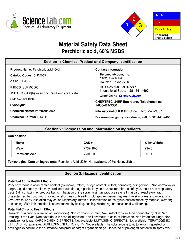 Fillable Online Perchloric acid, 60% MSDS Fax Email Print - pdfFiller