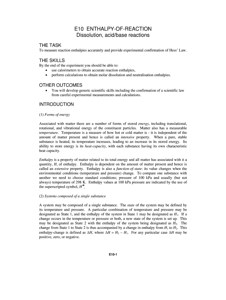 Fillable Online E10 ENTHALPY-OF-REACTION Fax Email Print - pdfFiller