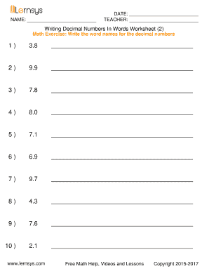 Fillable Online Writing Decimal Numbers In Words Worksheet (2) Fax ...