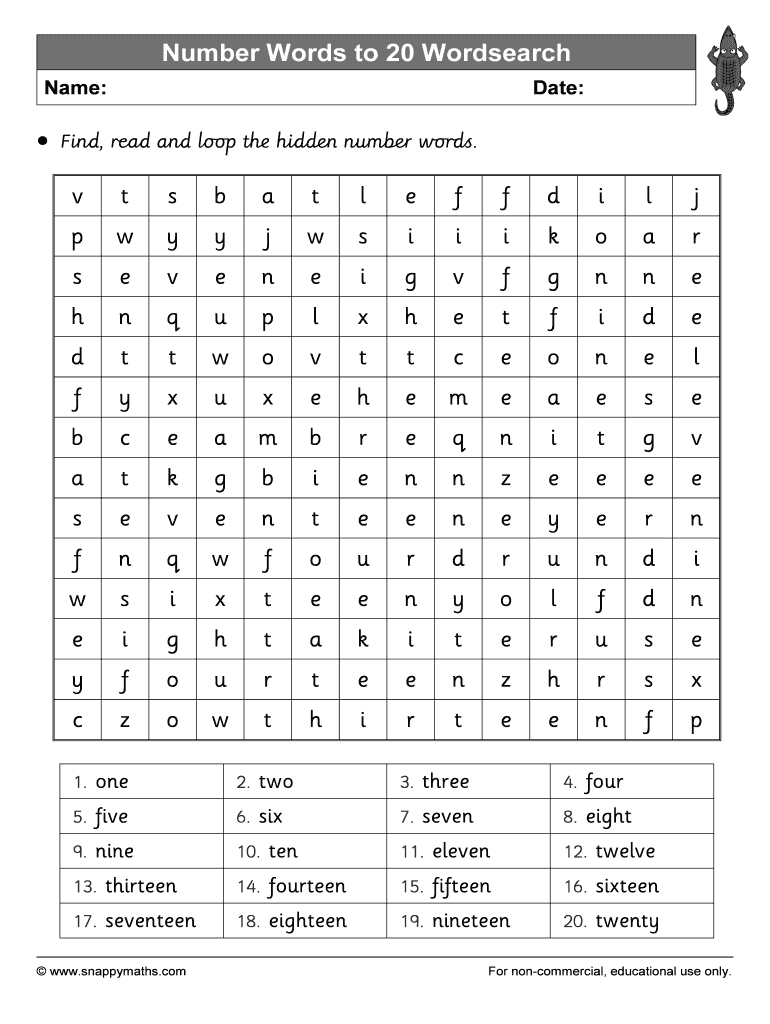 Fillable Online Number Words to 20 Wordsearch Fax Email Print - pdfFiller
