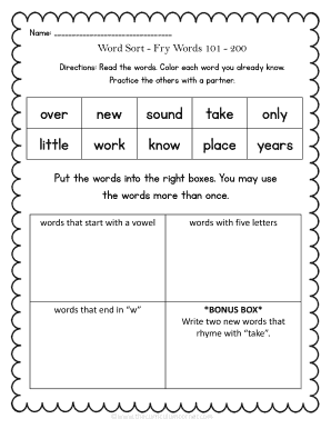 Fillable Online Word Sort - Fry Words 101 - 200 Fax Email Print - pdfFiller