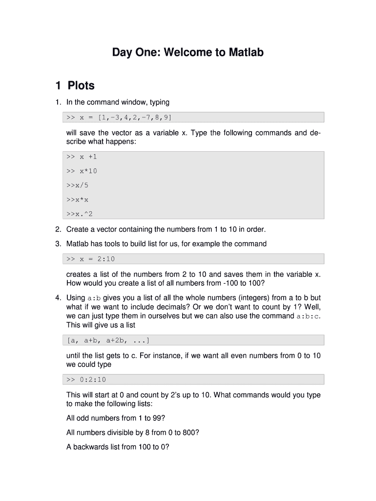 Fillable Online Day One: Welcome to Matlab Fax Email Print - pdfFiller
