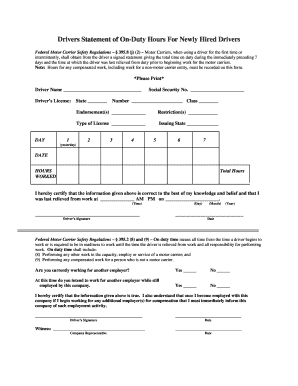 Fillable Online Drivers Statement of On-Duty Hours For Newly Hired ...