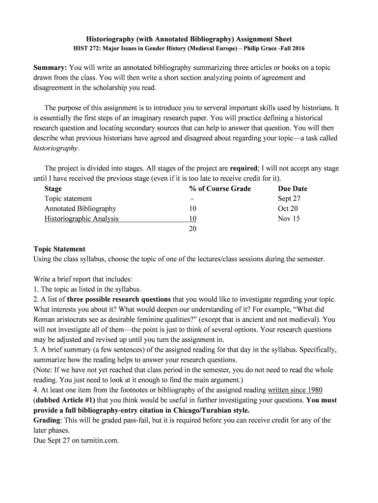 Fillable Online Historiography (with Annotated Bibliography) Assignment ...