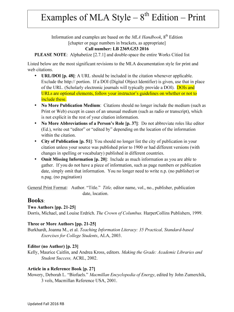 Fillable Online Examples of MLA Style 8th Edition Print Fax Email Print ...