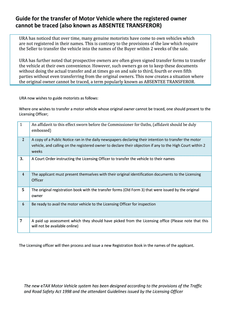 Fillable Online Guide for the transfer of Motor Vehicle where the ...
