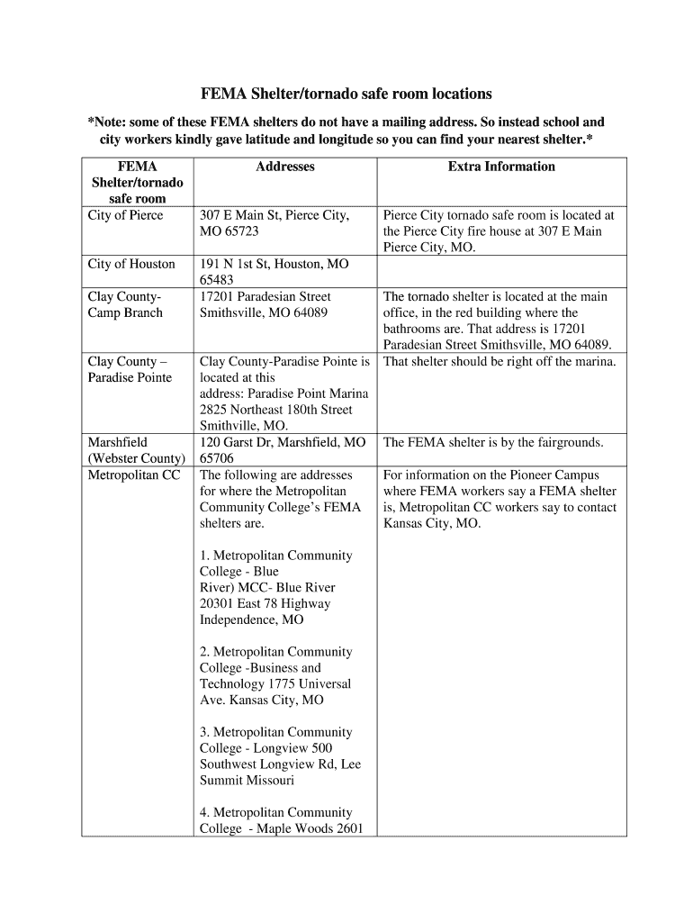Fillable Online FEMA Shelter/tornado safe room locations Fax Email ...