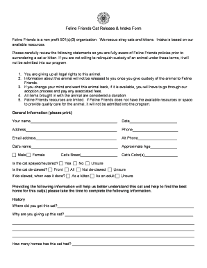 Fillable Online Feline Friends Cat Release & Intake Form Fax Email ...