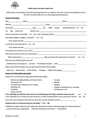 Fillable Online PAWS Owner Surrender Intake Form Fax Email Print ...