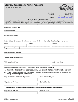 Fillable Online Statutory Declaration for Animal Wandering Fax Email ...
