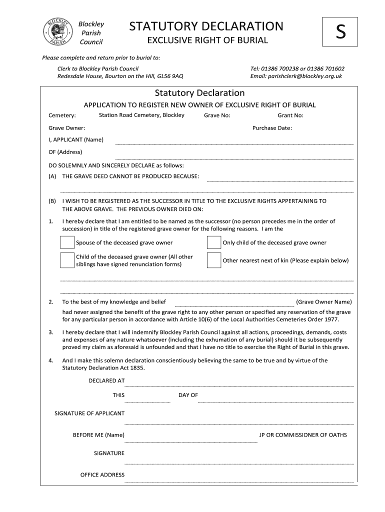 Fillable Online EXCLUSIVE RIGHT OF BURIAL Fax Email Print - pdfFiller