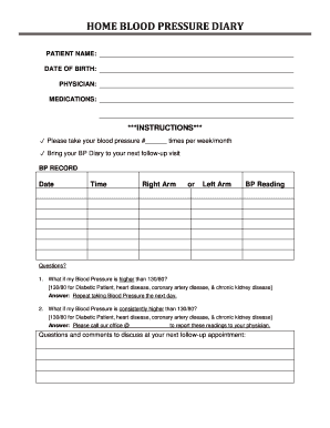 Fillable Online HOME BLOOD PRESSURE DIARY Fax Email Print - pdfFiller