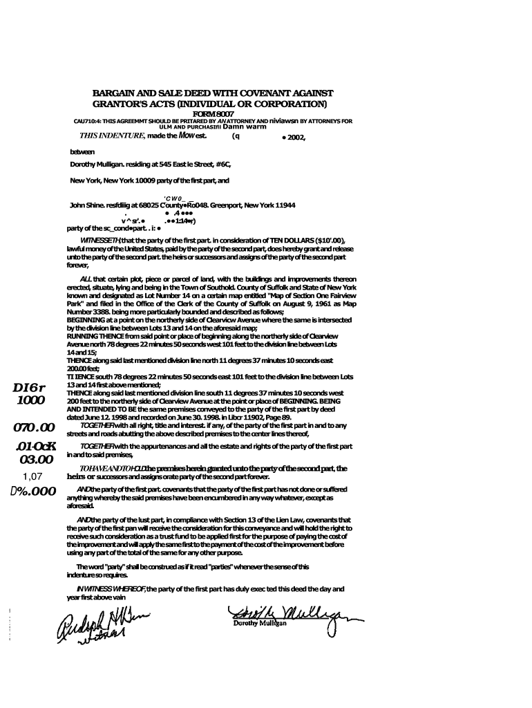Fillable Online BARGAIN AND SALE DEED WITH COVENANT AGAINST Fax Email ...