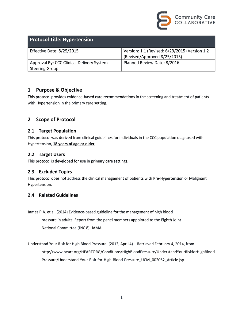Fillable Online Protocol Title: Hypertension Fax Email Print - pdfFiller