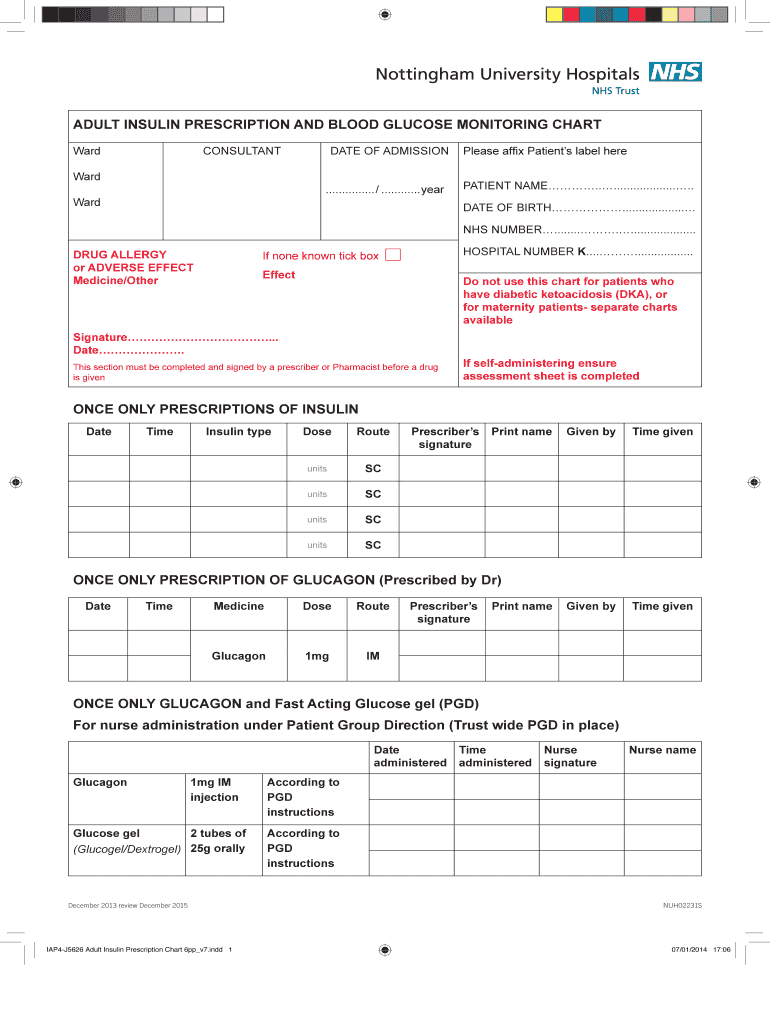 Fillable Online ADULT INSULIN PRESCRIPTION AND BLOOD GLUCOSE MONITORING ...
