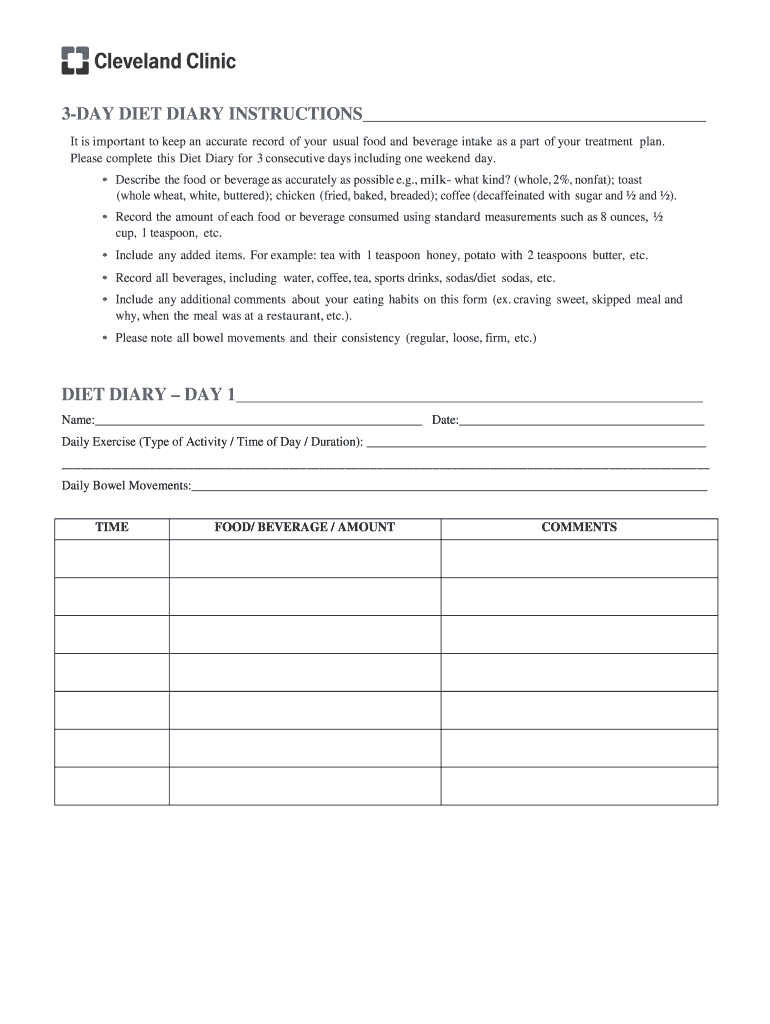Fillable Online 3-DAY DIET DIARY INSTRUCTIONS Fax Email Print - pdfFiller