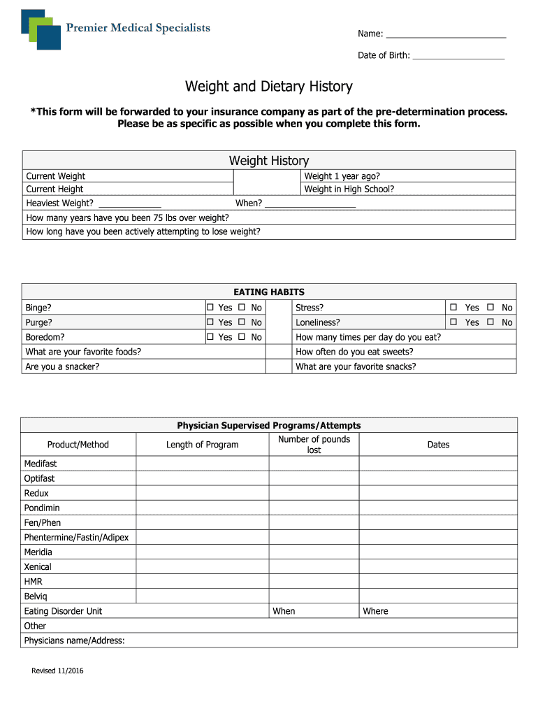 Fillable Online Weight and Dietary History Fax Email Print - pdfFiller