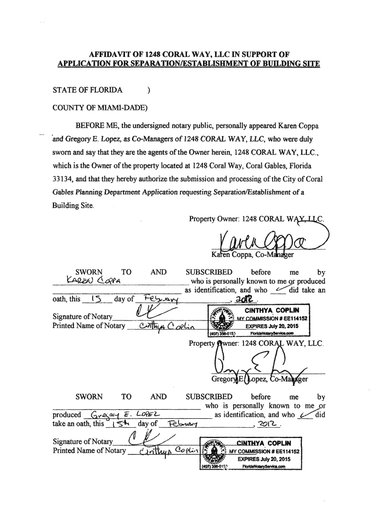 Fillable Online AFFIDAVIT OF 1248 CORAL WAY, LLC IN SUPPORT OF Fax ...