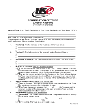Fillable Online Certification of Trust Deposit Form Instructions Fax ...