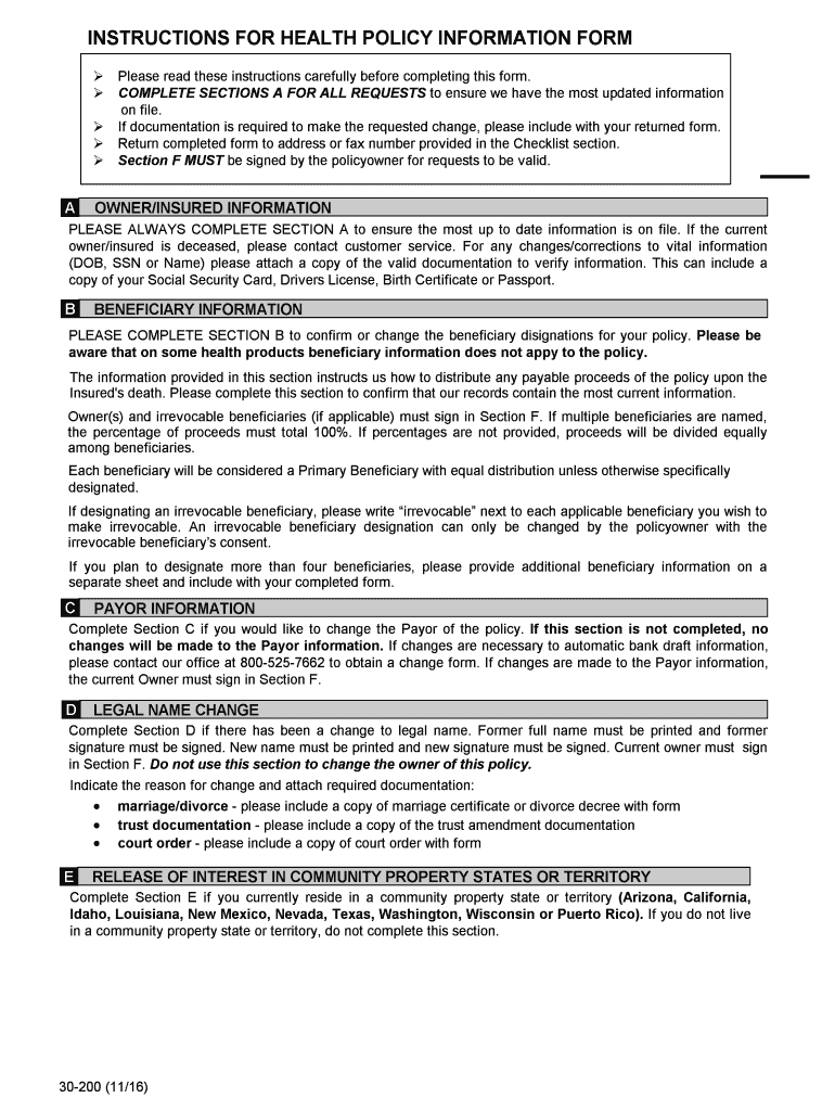 Fillable Online INSTRUCTIONS FOR HEALTH POLICY INFORMATION FORM Fax ...