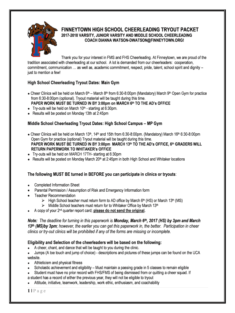 Fillable Online FINNEYTOWN HIGH SCHOOL CHEERLEADING TRYOUT PACKET Fax ...
