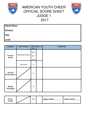 Fillable Online american youth cheer official score sheet judge 1 ...