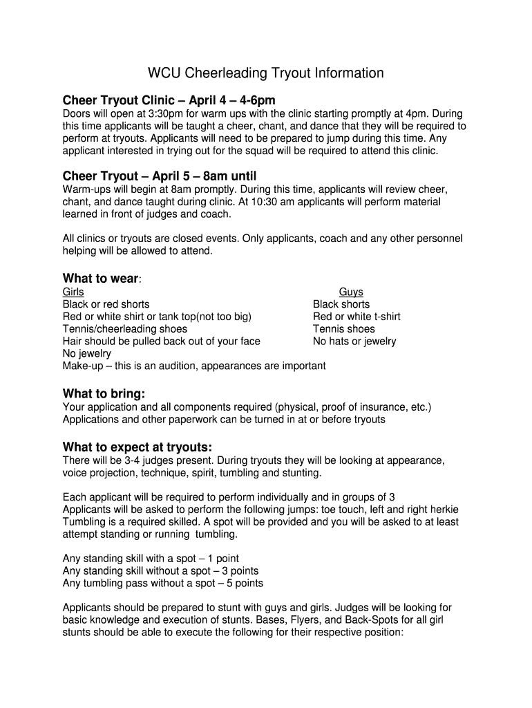 Fillable Online WCU Cheerleading Tryout Information Fax Email Print ...
